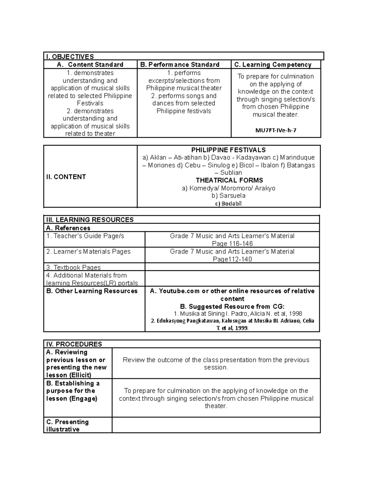 Music 7 DLL 7 - I. OBJECTIVES A. Content Standard B. Performance Standard C. Learning Competency ...
