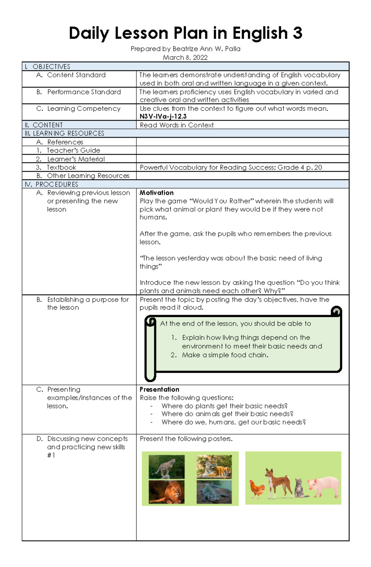 Sample Daily Lesson Plan in Science 3 - Daily Lesson Plan in English 3 ...