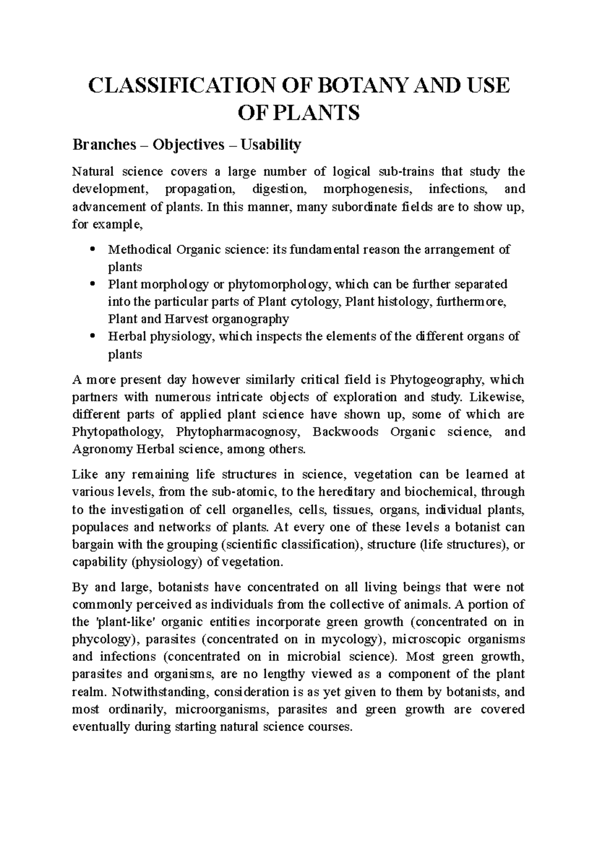 Branches Objectives Usability - CLASSIFICATION OF BOTANY AND USE OF ...