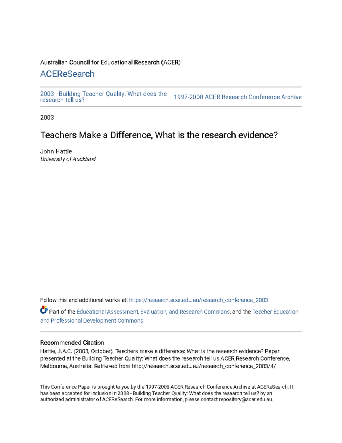 Teachers Make a Difference What is the research evidence - Australian ...