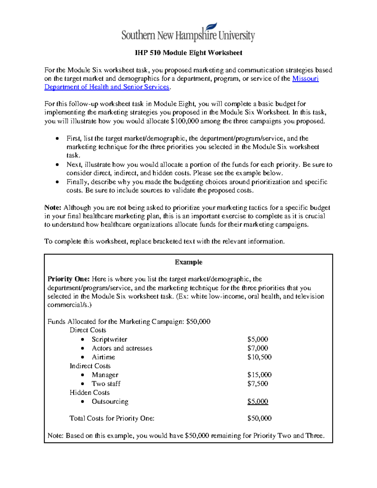 IHP 510 Module Eight Worksheet - IHP 510 Module Eight Worksheet For the ...