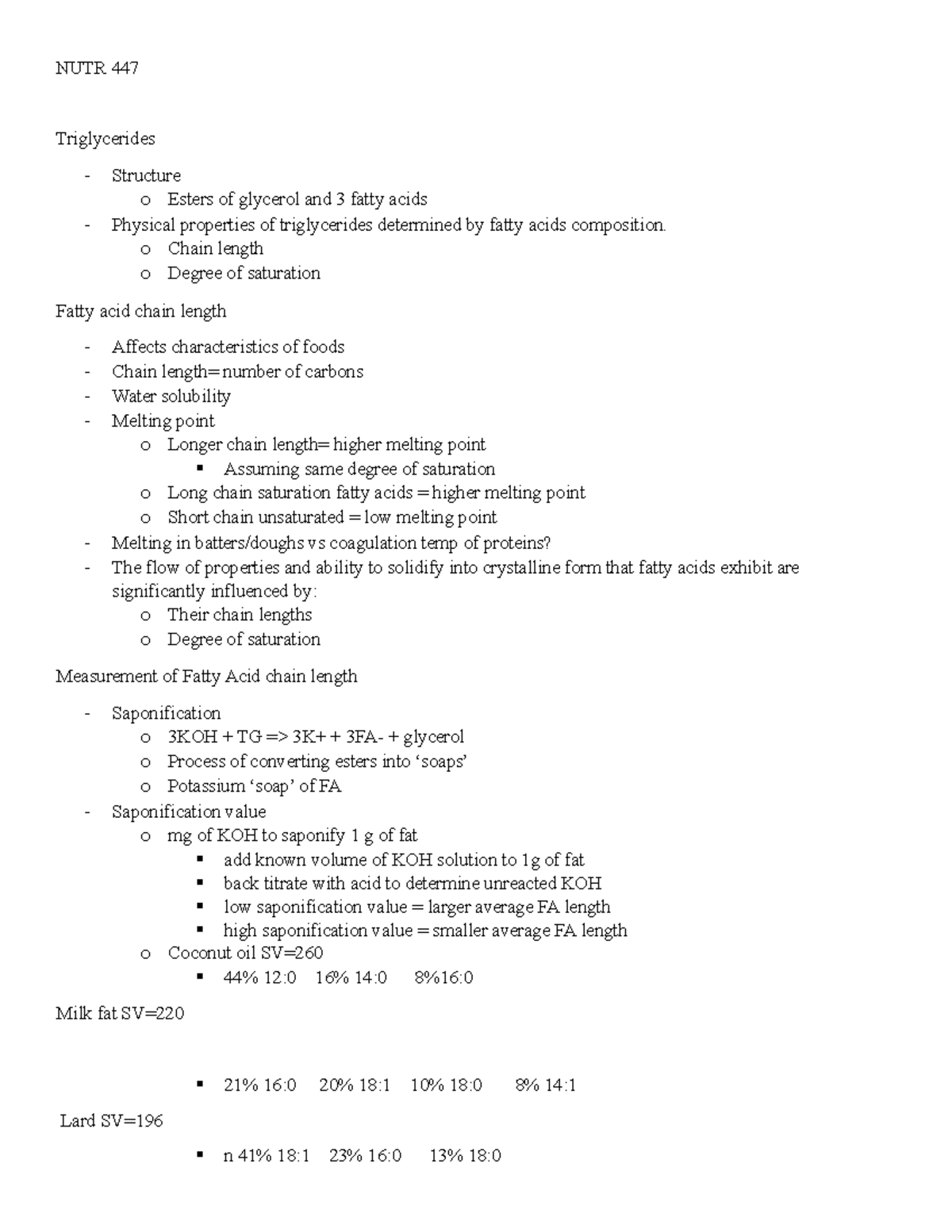 NUTR 445 fats in foods lecture notes - NUTR 447 Triglycerides ...