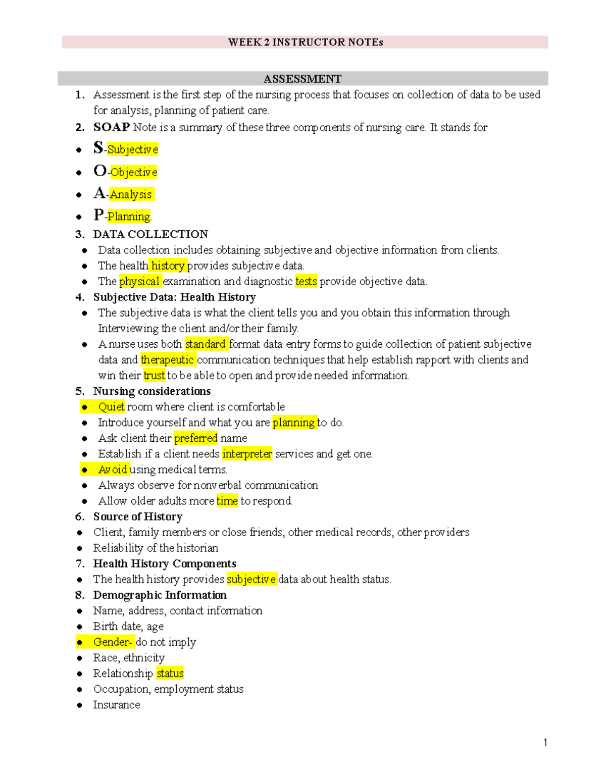 Week 2 Instructor's Notes - ASSESSMENT Assessment is the first step of ...