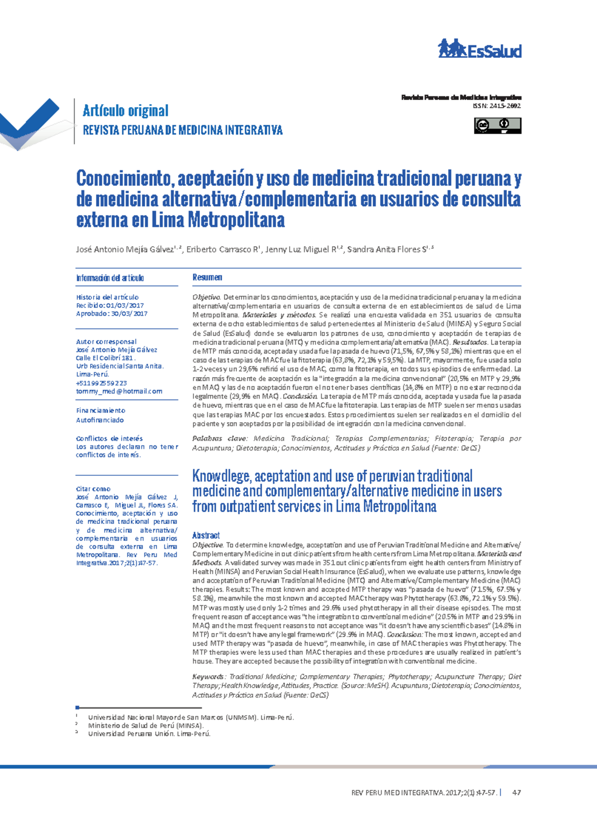 Conocimiento, aceptación y uso de medicina tradicional peruana ...