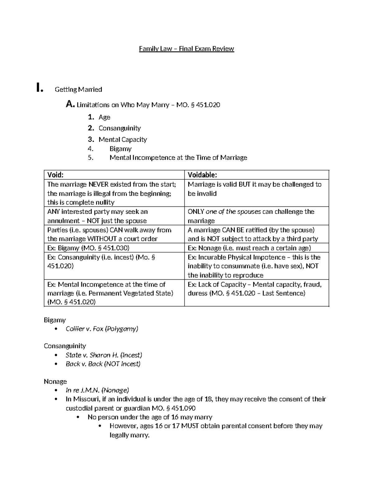 Fam Law Final Exam Review - Family Law – Final Exam Review I. Getting ...