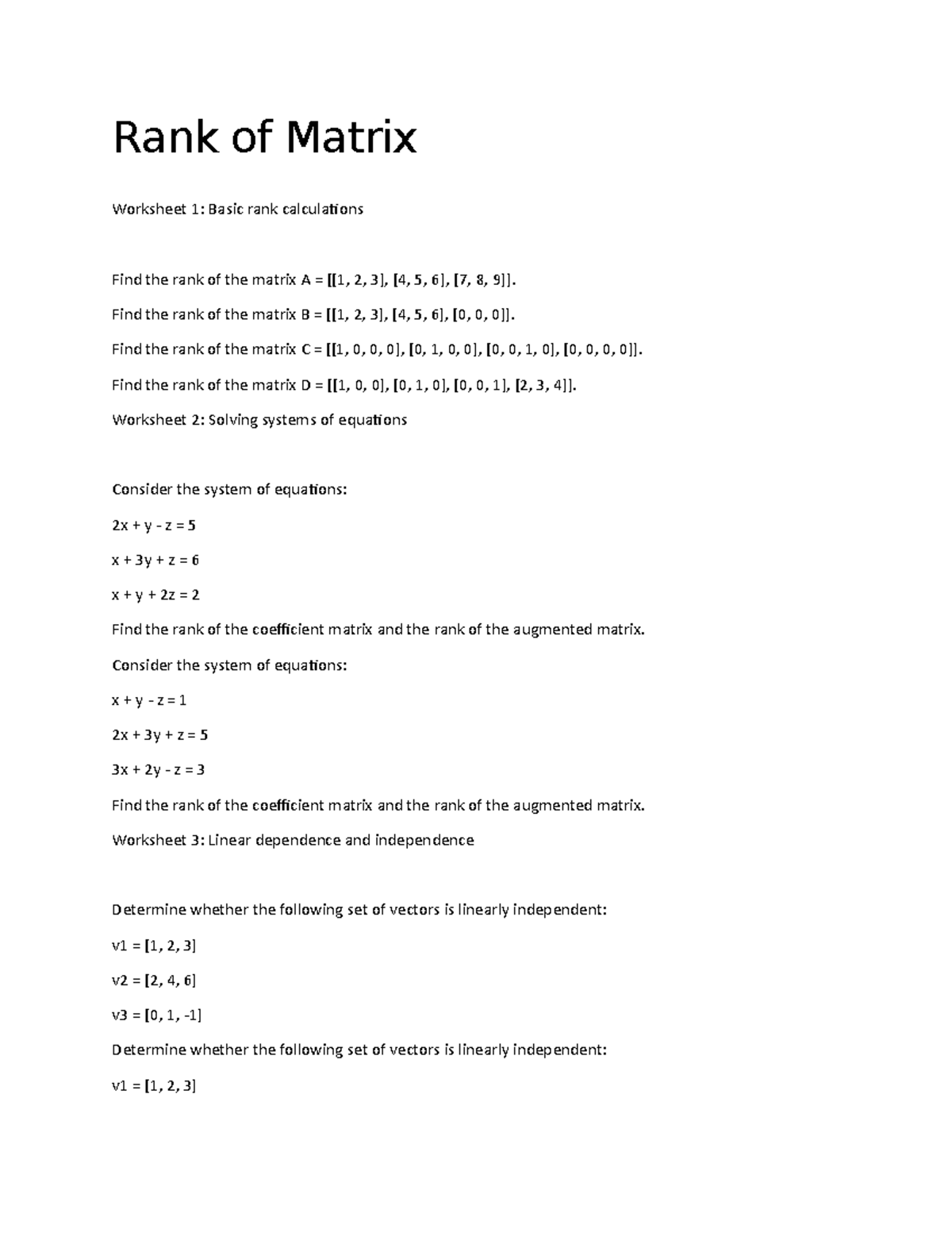 Rank of Matrix - calculus 3 self-made worksheet - Rank of Matrix ...
