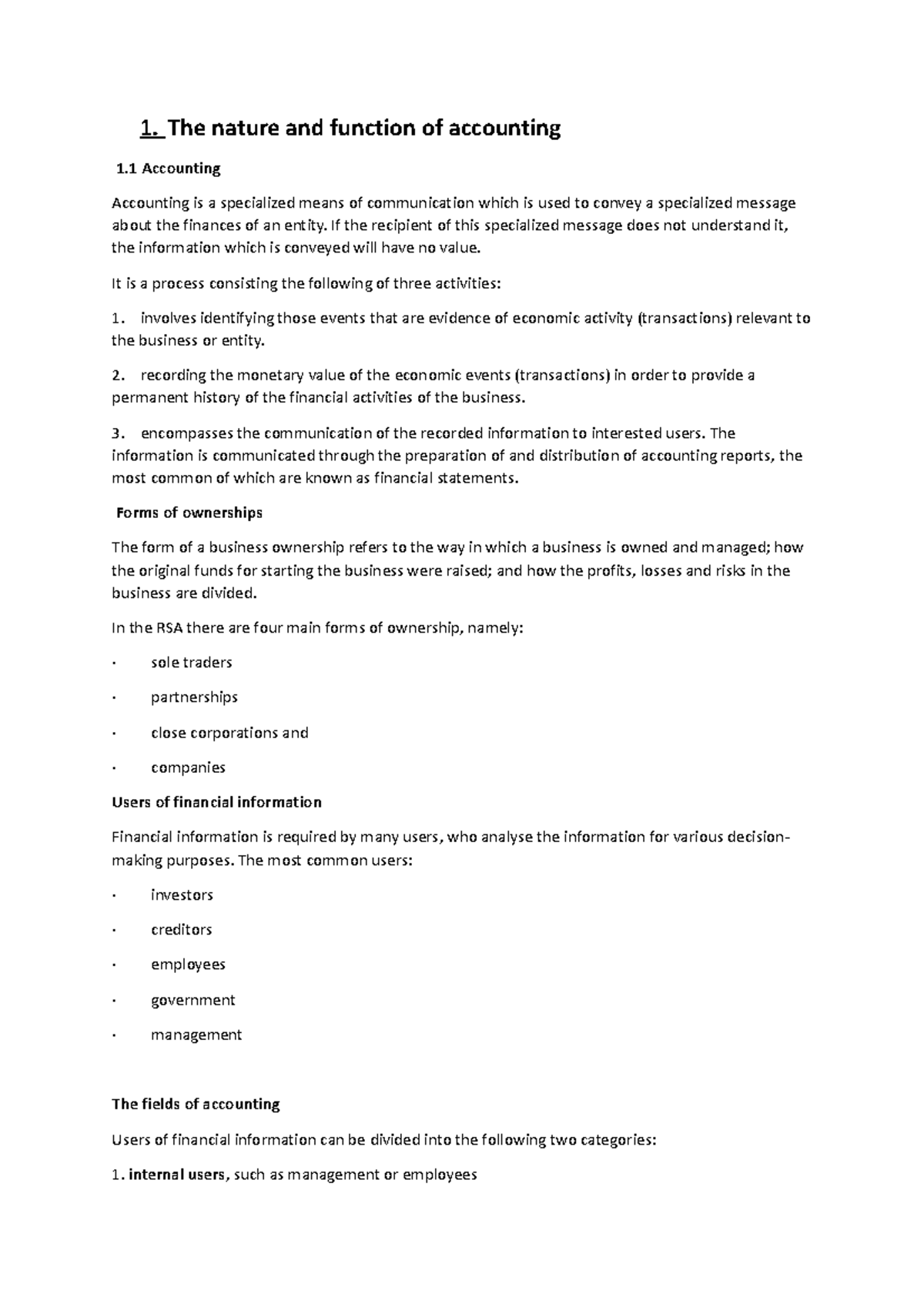 Fac1503 Lecture Notes 1 The Nature And Function Of Accounting 1 Accounting Accounting Is A