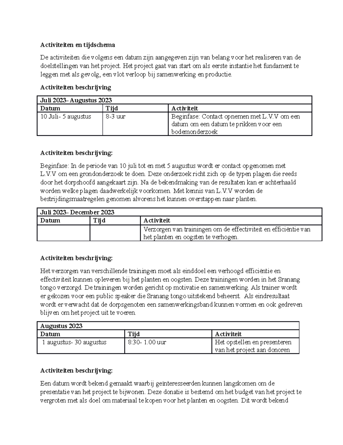 Activiteiten en tijdschema - Het project gaat van start om als eerste ...