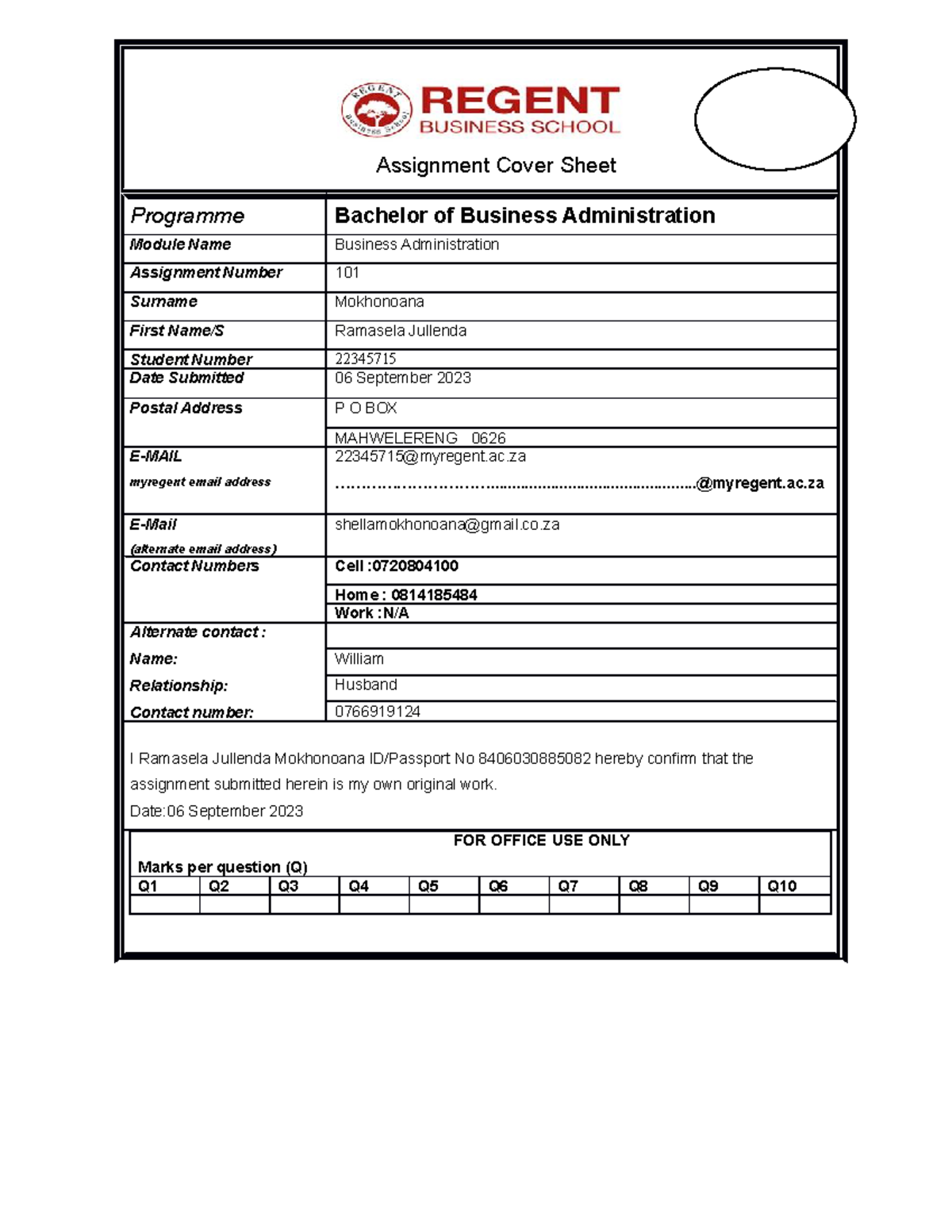 Business Administration 101 - Assignment Cover Sheet Programme Bachelor ...