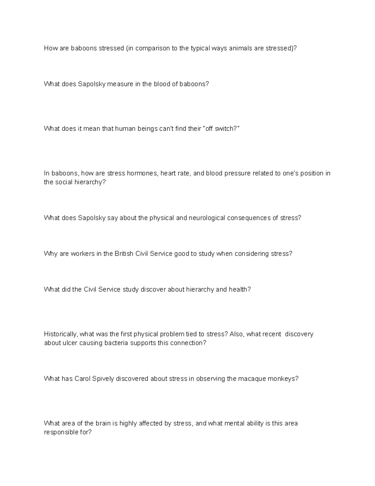 1 - Lecture notes 1 - How are baboons stressed (in comparison to the ...