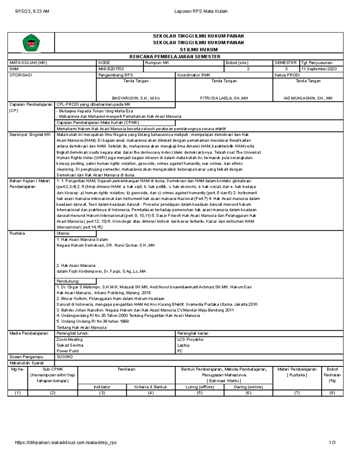 Laporan RPS Mata Kuliah HAM - 9/15/23, 9:23 AM Laporan RPS Mata Kuliah ...