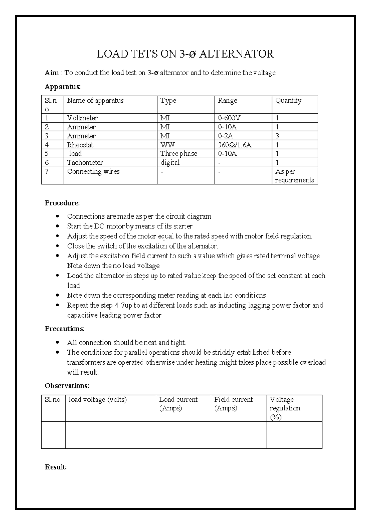 Acmachines -i lab - lab manual - LOAD TETS ON 3-ø ALTERNATOR Aim : To ...