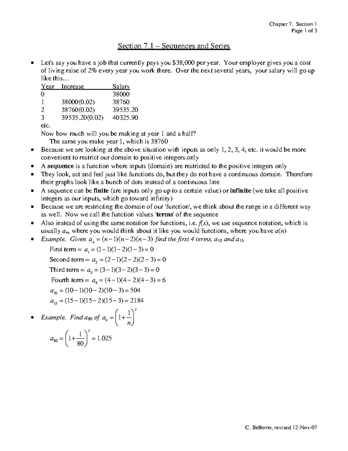 Ch07-Sect01 math 124 2010 - Chapter 7. Section 1 Page 1 of 3 Section 7 Sequences and Series say ...