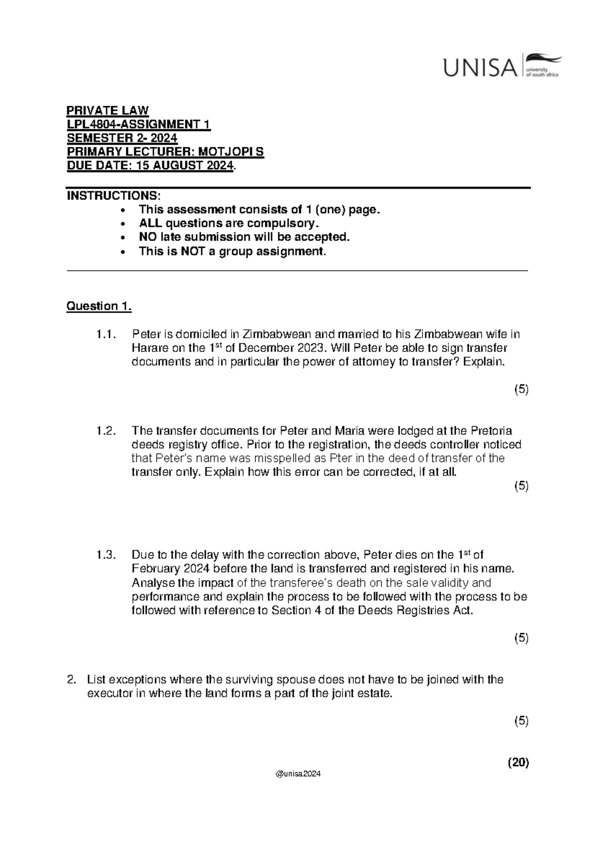 LPL4804 Assignment 1 2024 S2 - PRIVATE LAW LPL480 4 - ASSIGNMENT 1 ...