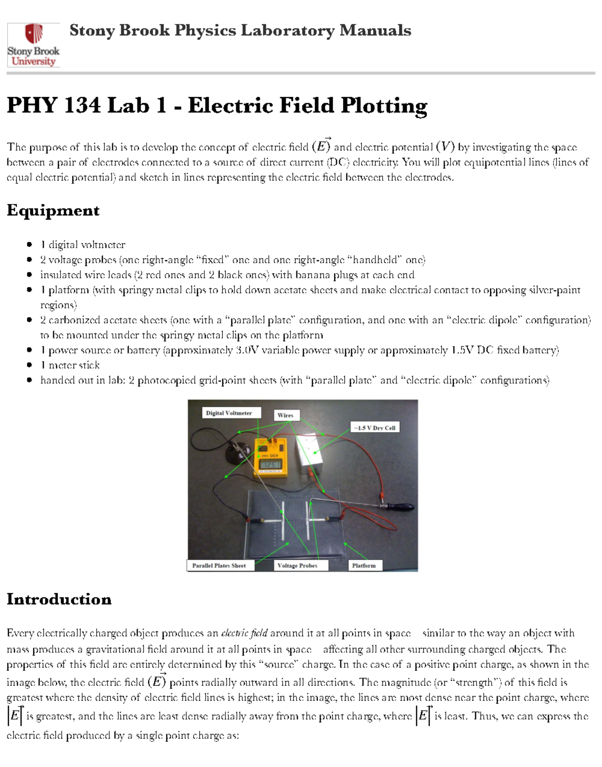 PHY 134 Lab 1 - Electric Field Plotting [Stony Brook Physics Laboratory Manuals] - Stony Brook ...