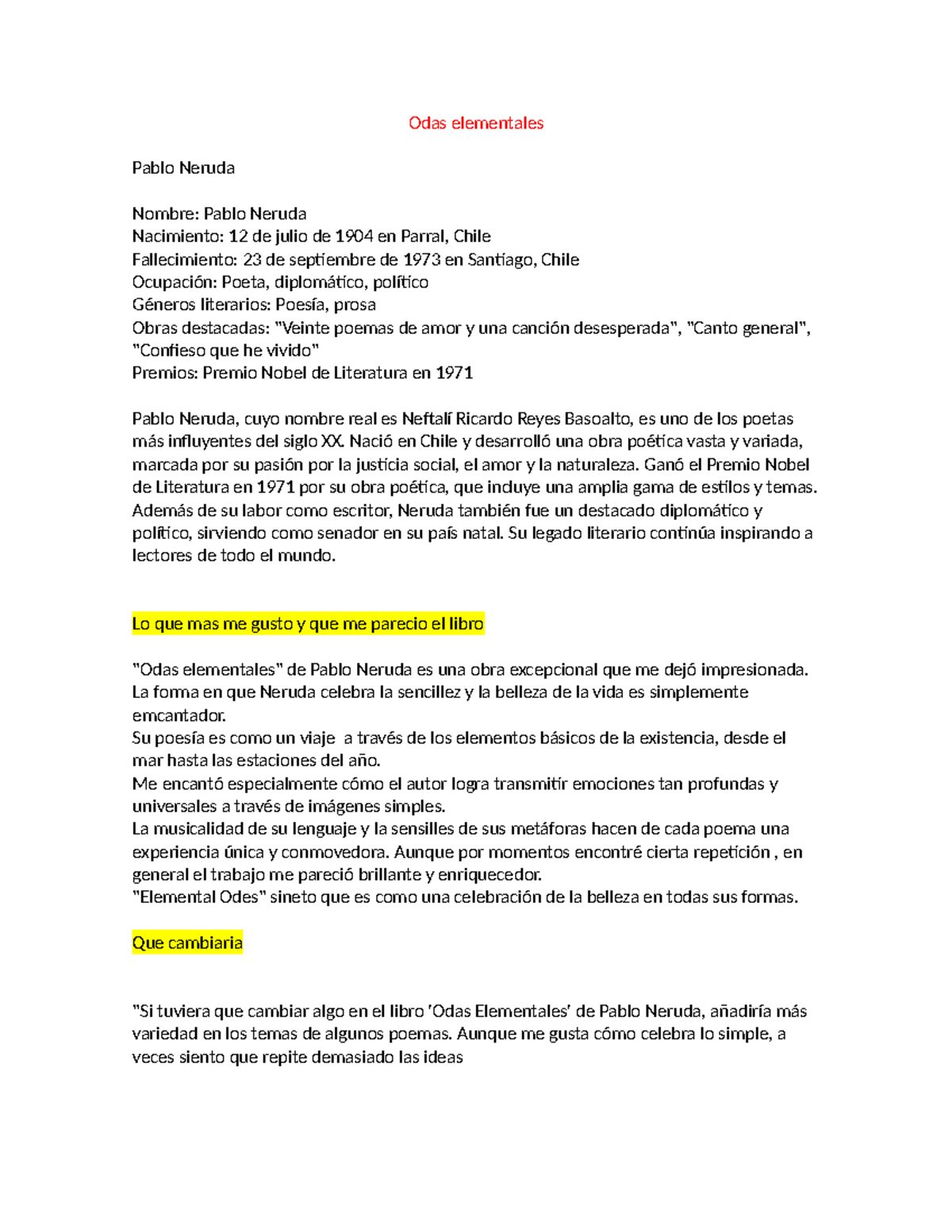 Odas elementales - historia del arte - Odas elementales Pablo Neruda ...