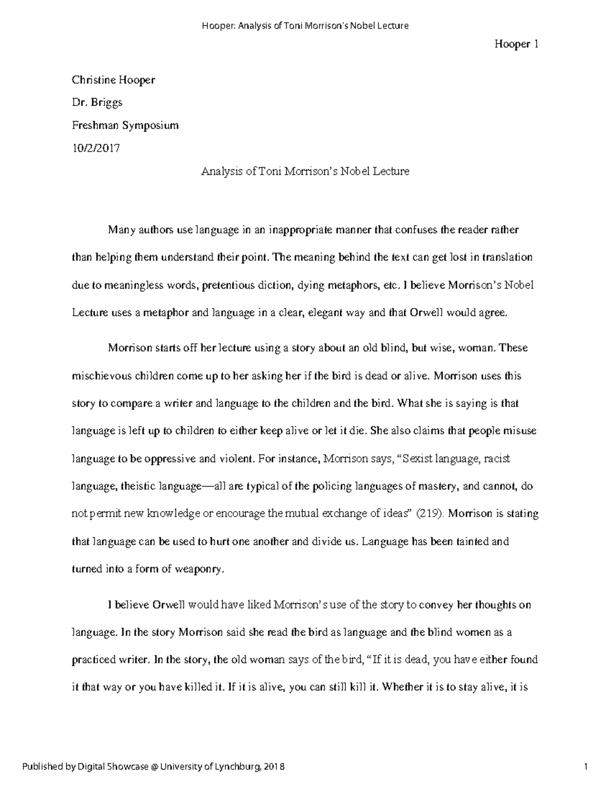 Analysis of Toni Morrison s Nobel Lecture - Hooper 1 Christine Hooper ...