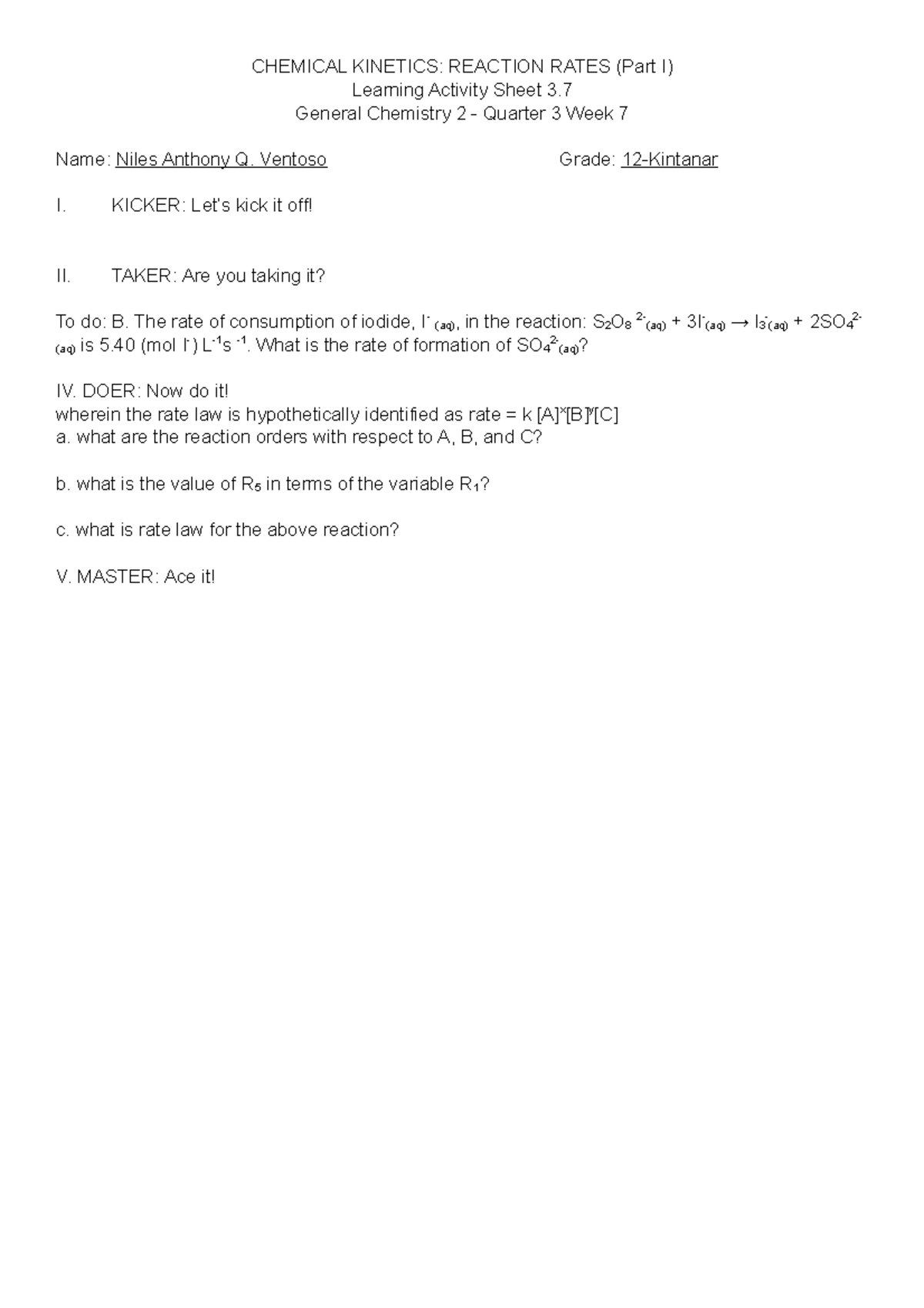 General Chemistry 2 - Quarter 3 - CHEMICAL KINETICS: REACTION RATES ...