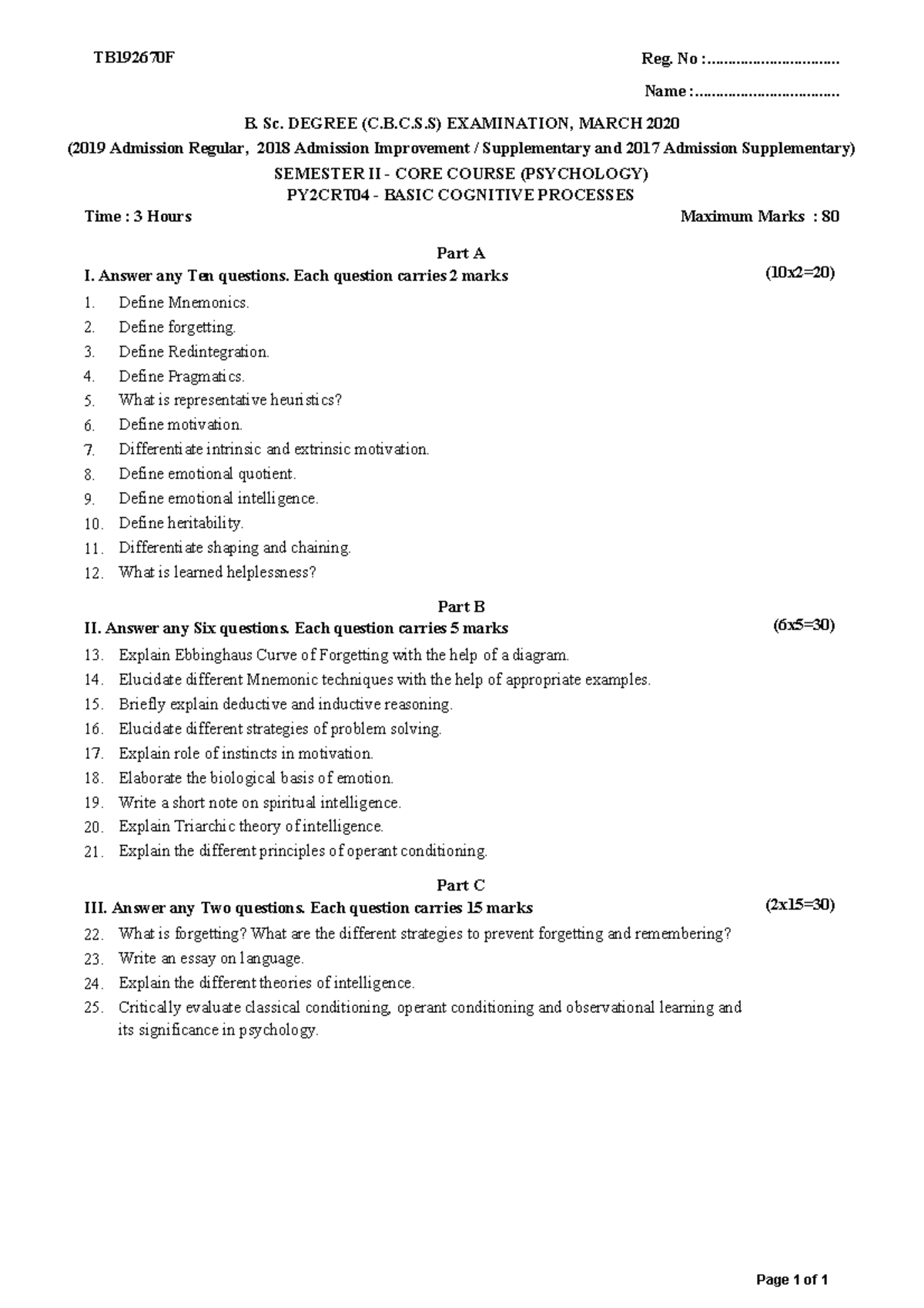 Basic Cognitive Processes-1 - Reg. No :................................ Name - Studocu