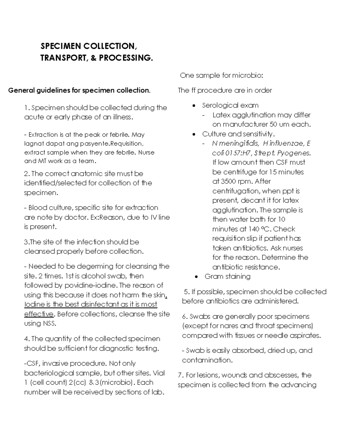 Specimencollectiontransport- Processing. - SPECIMEN COLLECTION ...