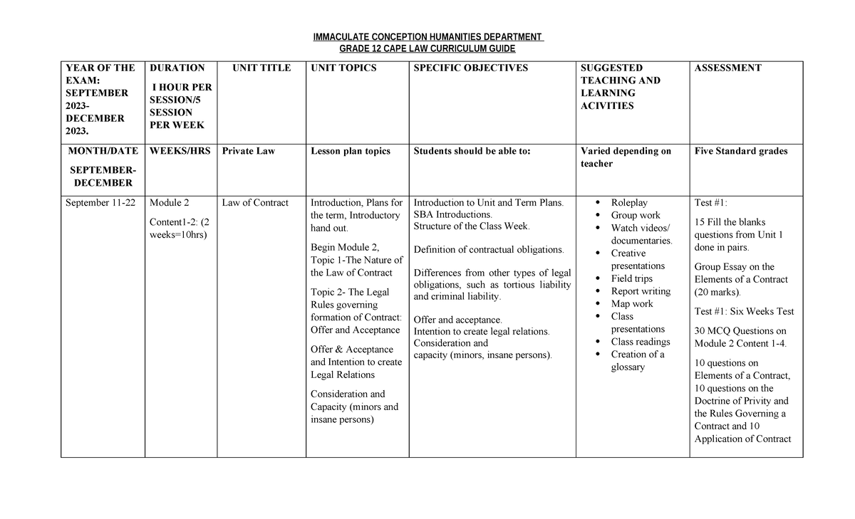CAPE LAW UNIT 2 TERM PLAN Module 1 - GRADE 12 CAPE LAW CURRICULUM GUIDE ...