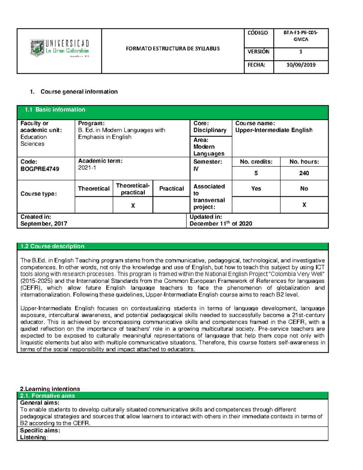 Upper- Intermediate English ( Syllabus) - FORMATO ESTRUCTURA DE ...
