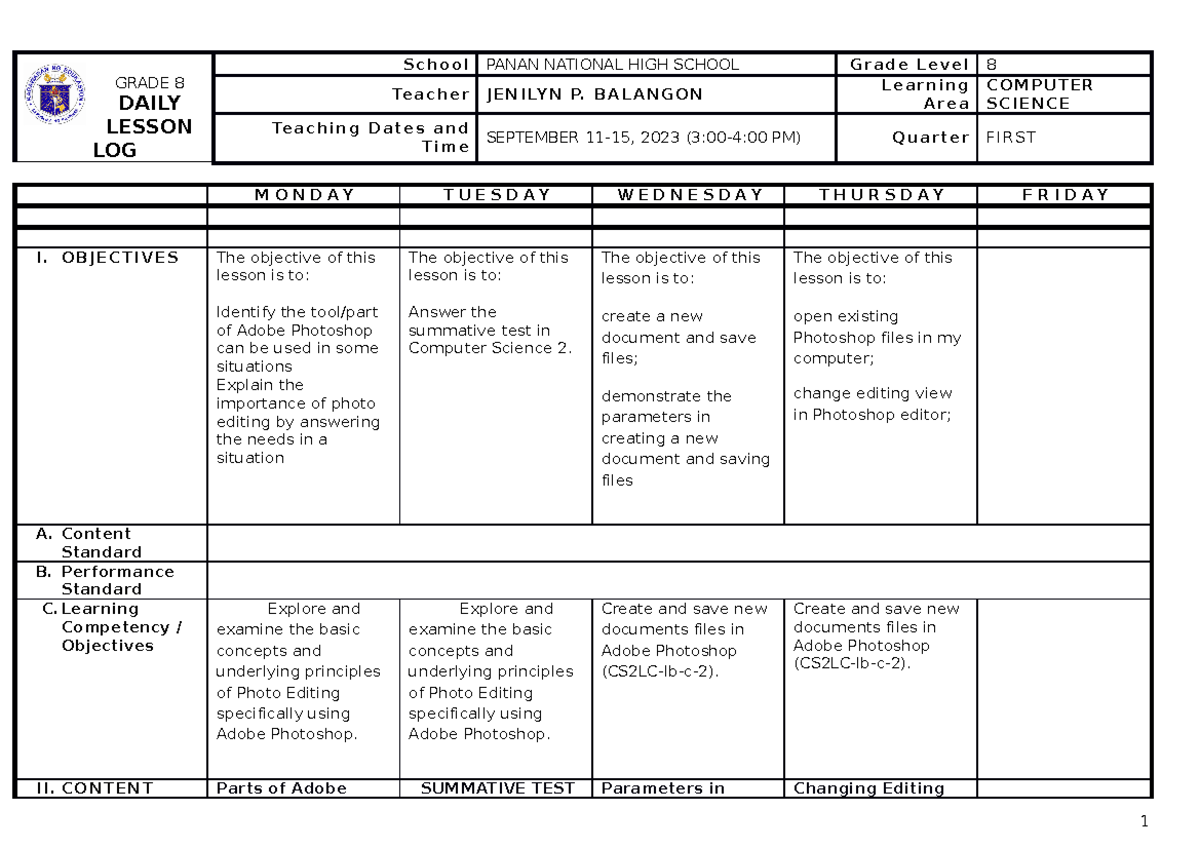 1STQ DLL WEEK 3 COMP SCI 8 - GRADE 8 DAILY LESSON LOG School PANAN ...