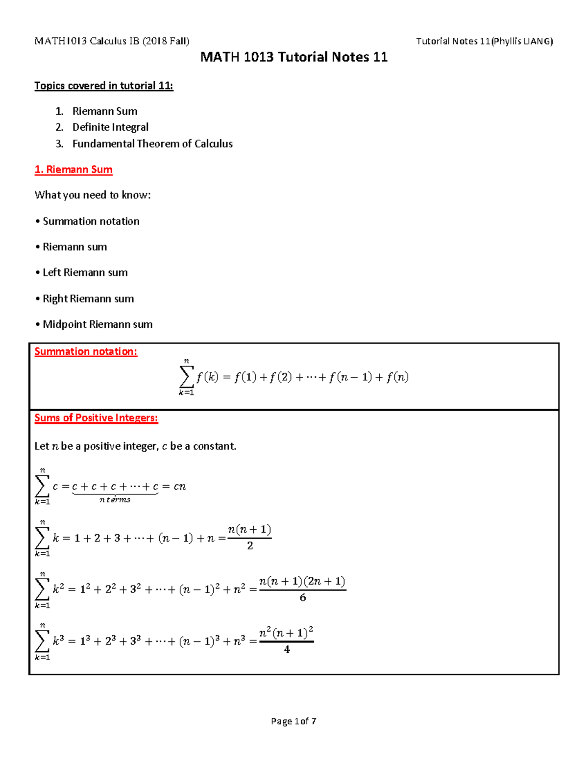 MATH1013 Tutorial Notes 11 - MATH 1013 Tutorial Notes 11 Topics covered ...