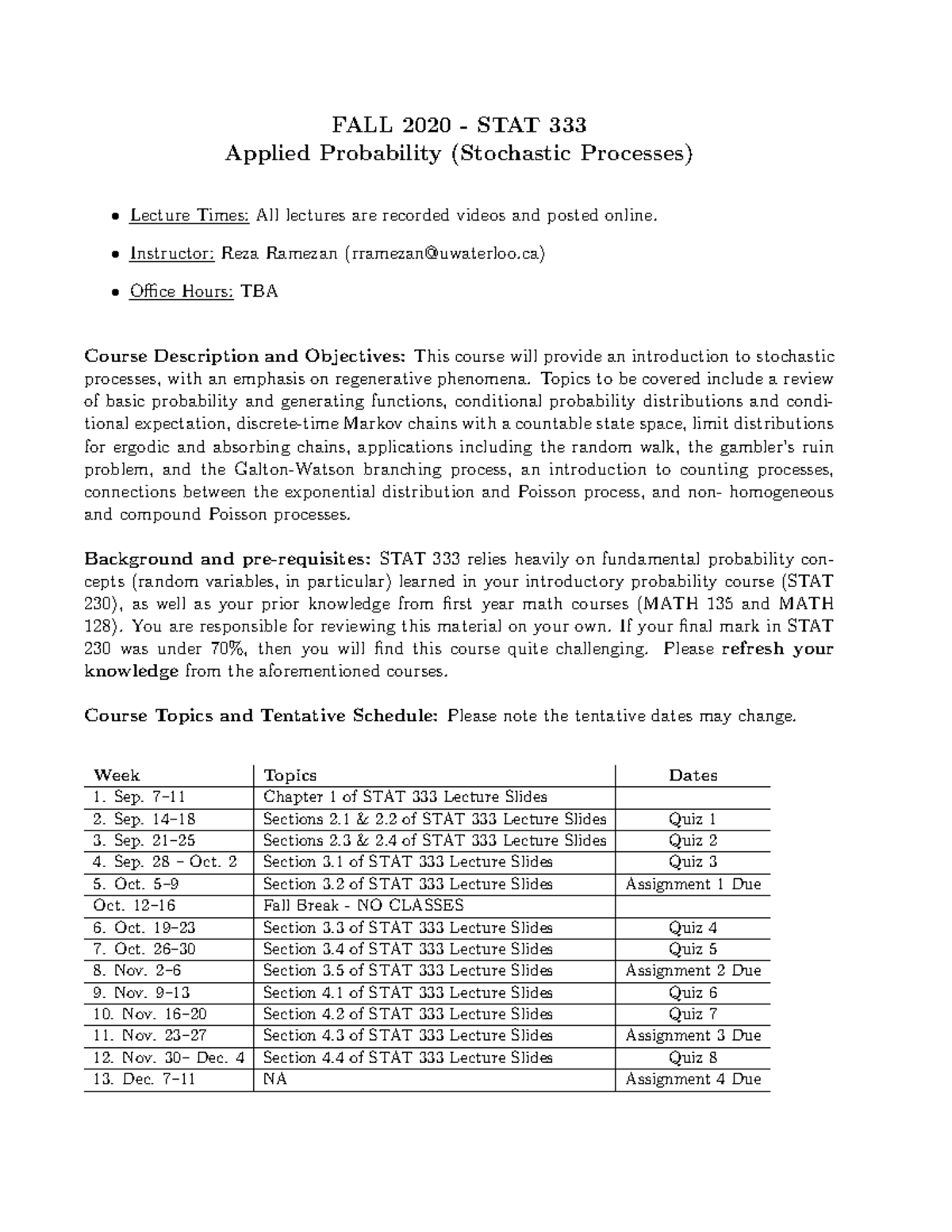 STAT333-F20 outline - FALL 2020 - STAT 333 Applied Probability ...