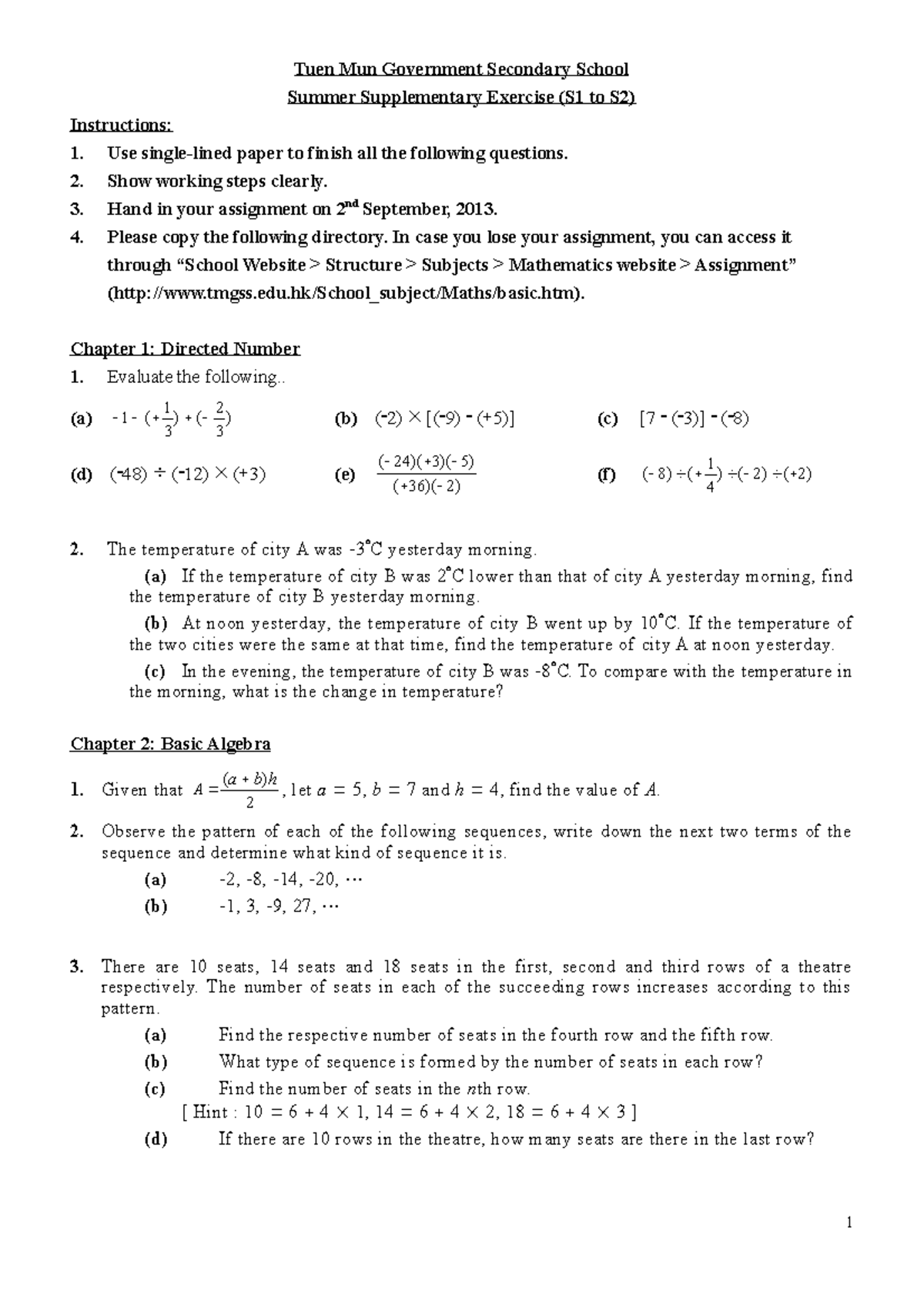 S1 to S2 Summer Supplementary Exercise 2013 - Tuen Mun Government ...