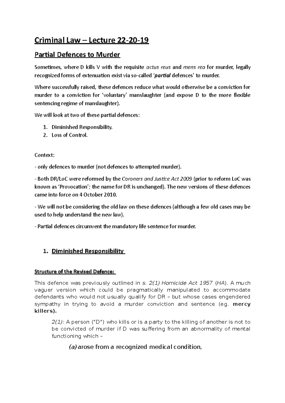 Partial Defences to Murder 22-10-19 - Criminal Law – Lecture 22-20 ...