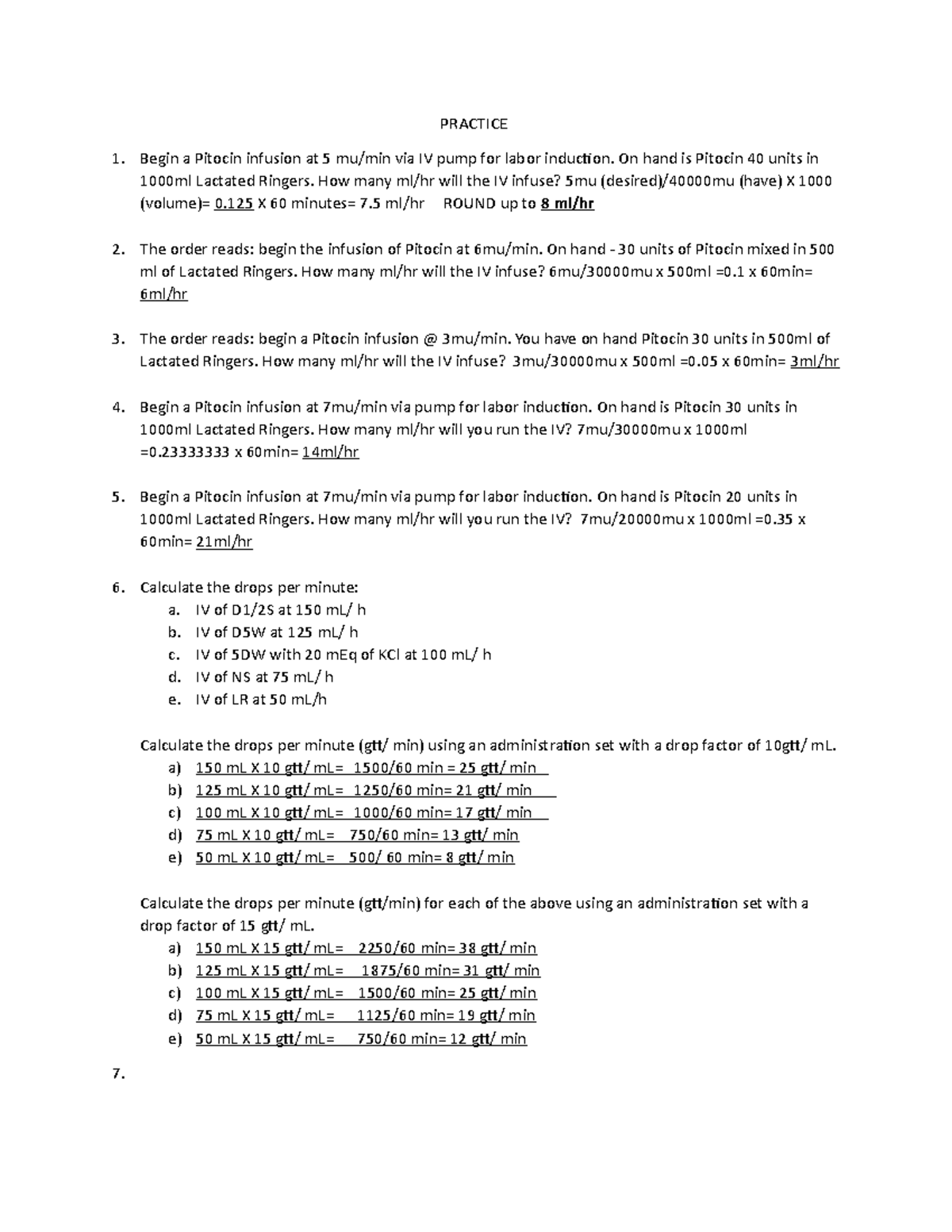 Practice Answer Key - Helpful questions - PRACTICE Begin a Pitocin ...