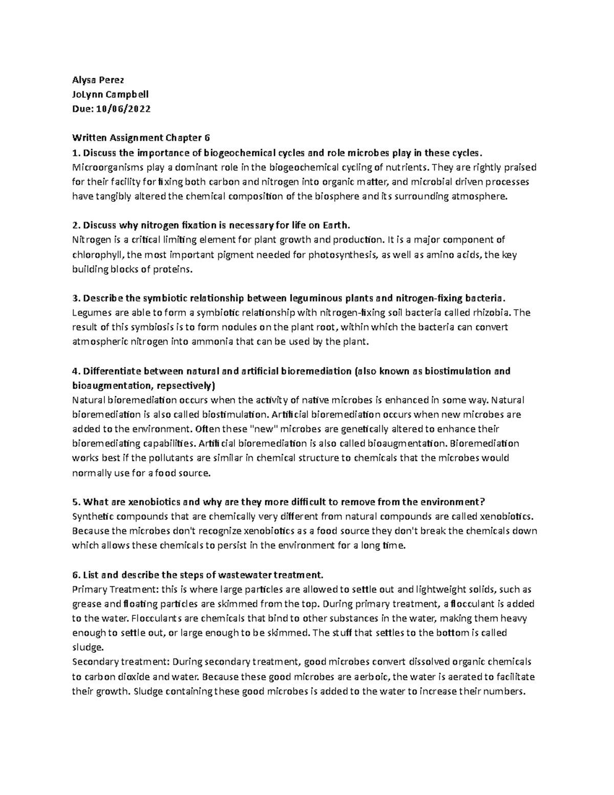 Written Assignment Ch 6 Ecology - Alysa Perez JoLynn Campbell Due: 10/06/ Written Assignment ...