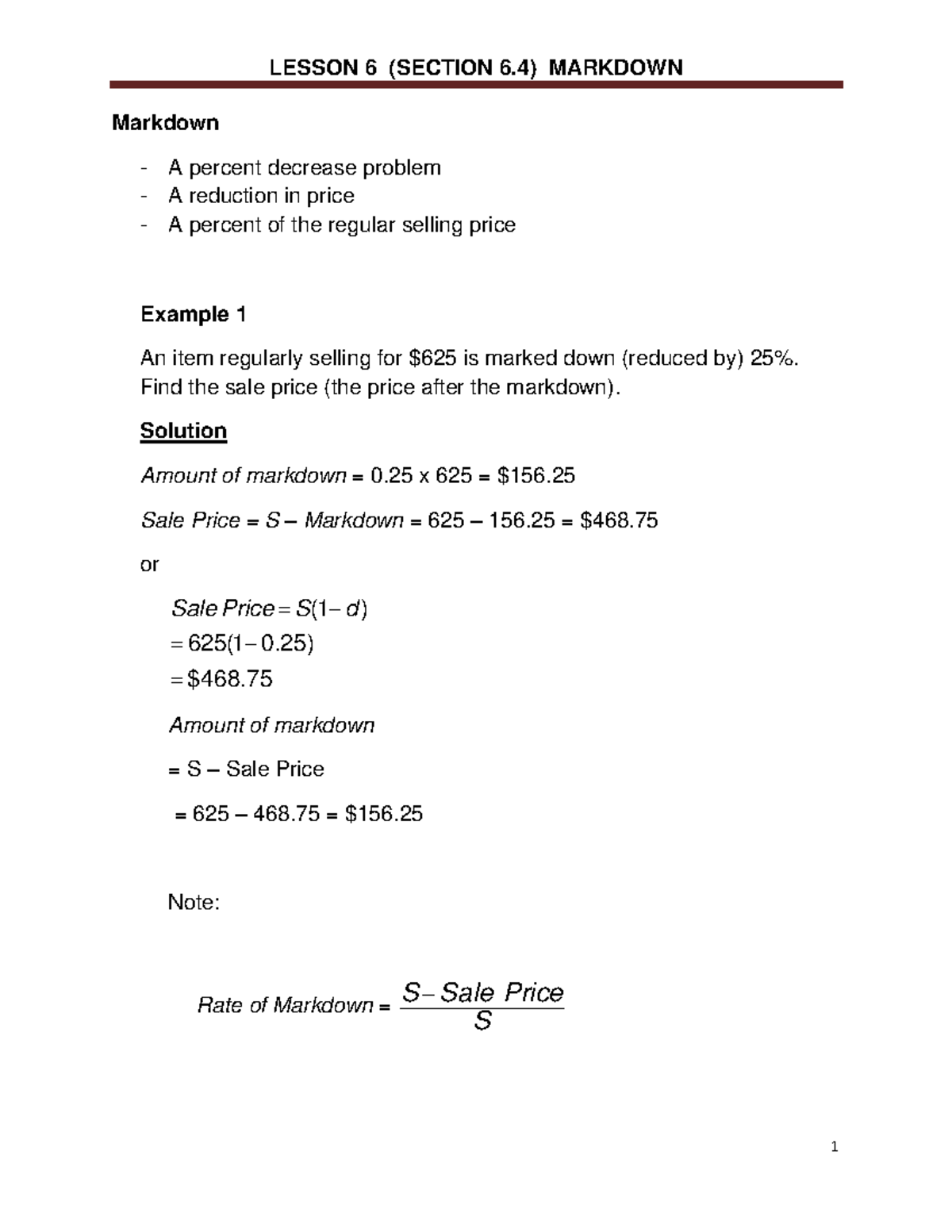 Lesson 6 6.4 Markdown fall 2021 - Markdown - A percent decrease problem - A reduction in price ...