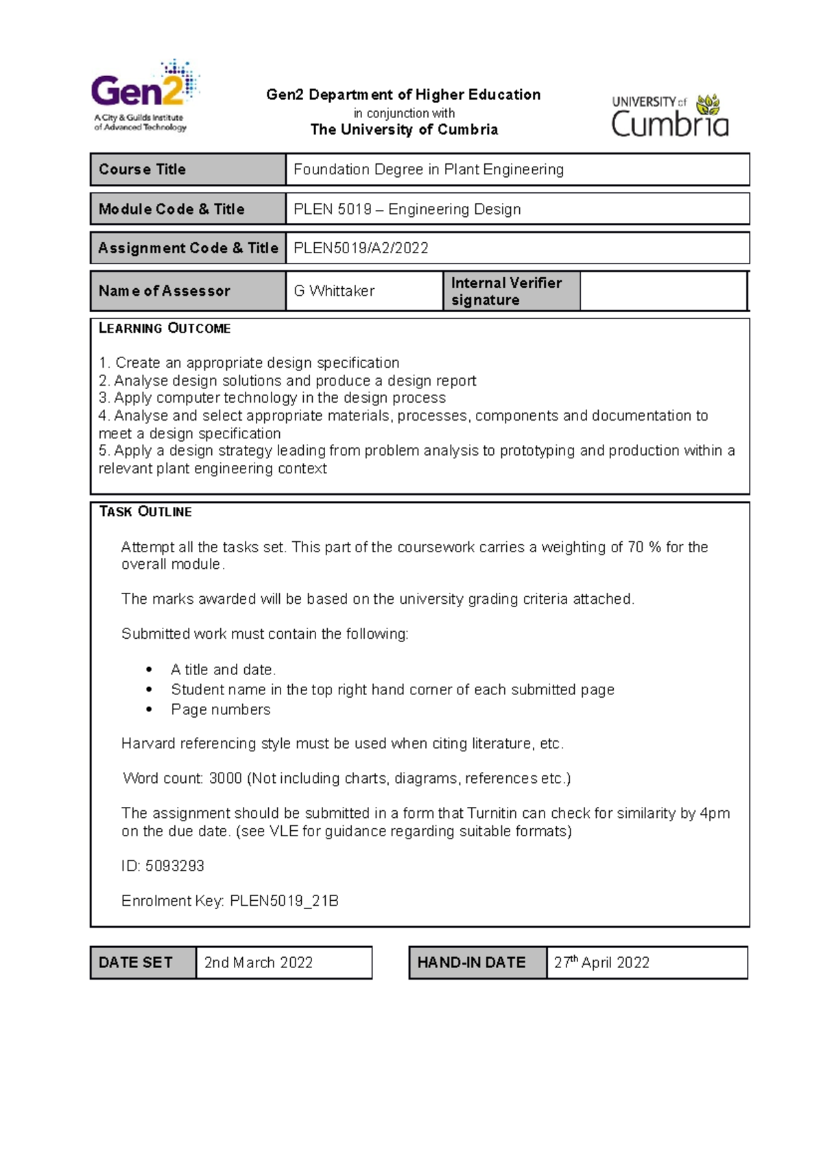 Engineering Design ass 2 2022 - Gen2 Department of Higher Education in conjunction with The ...