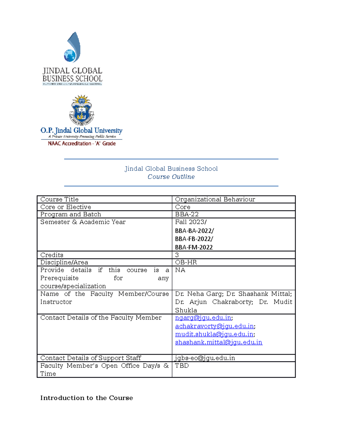OB Course Manual UG - lecture notes - Jindal Global Business School ...