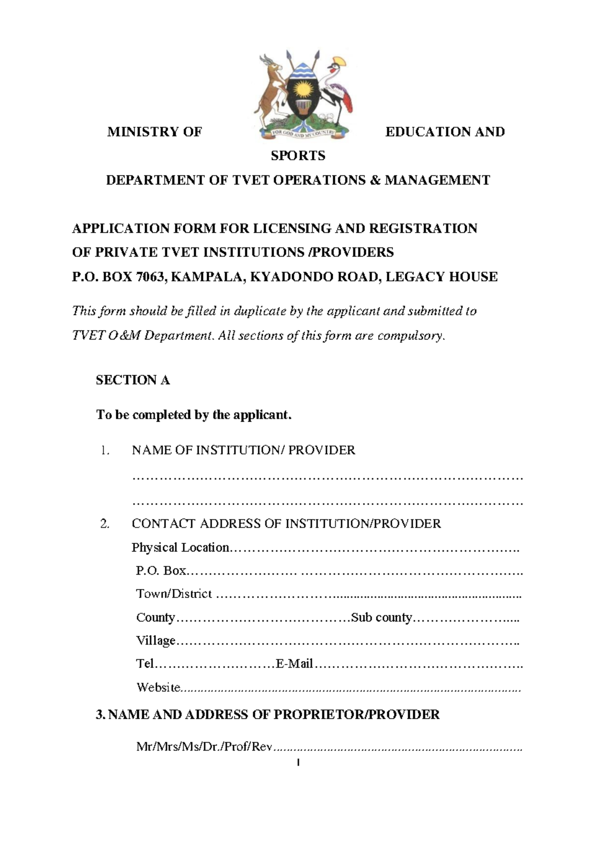 Application Form for Licencing and Registration final - MINISTRY OF ...