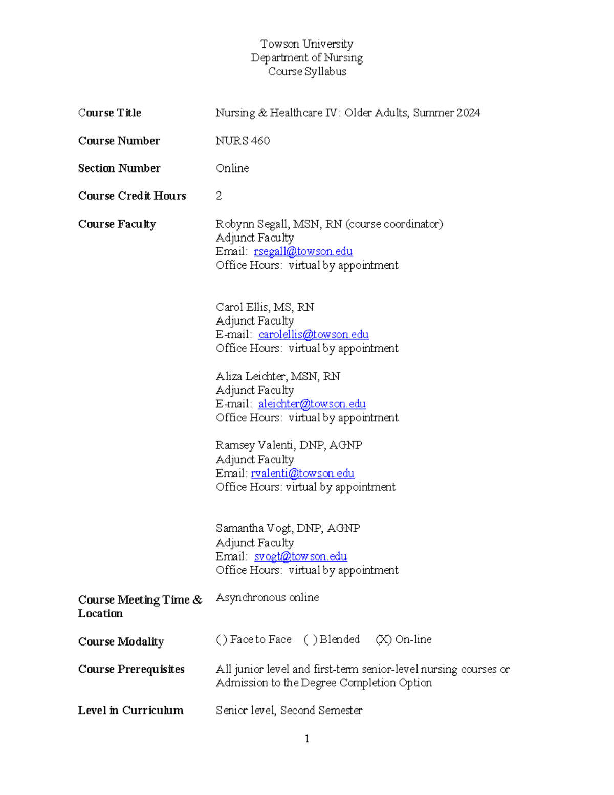 Towson NURS 460 syllabus - Summer 24 -Final - Department of Nursing ...