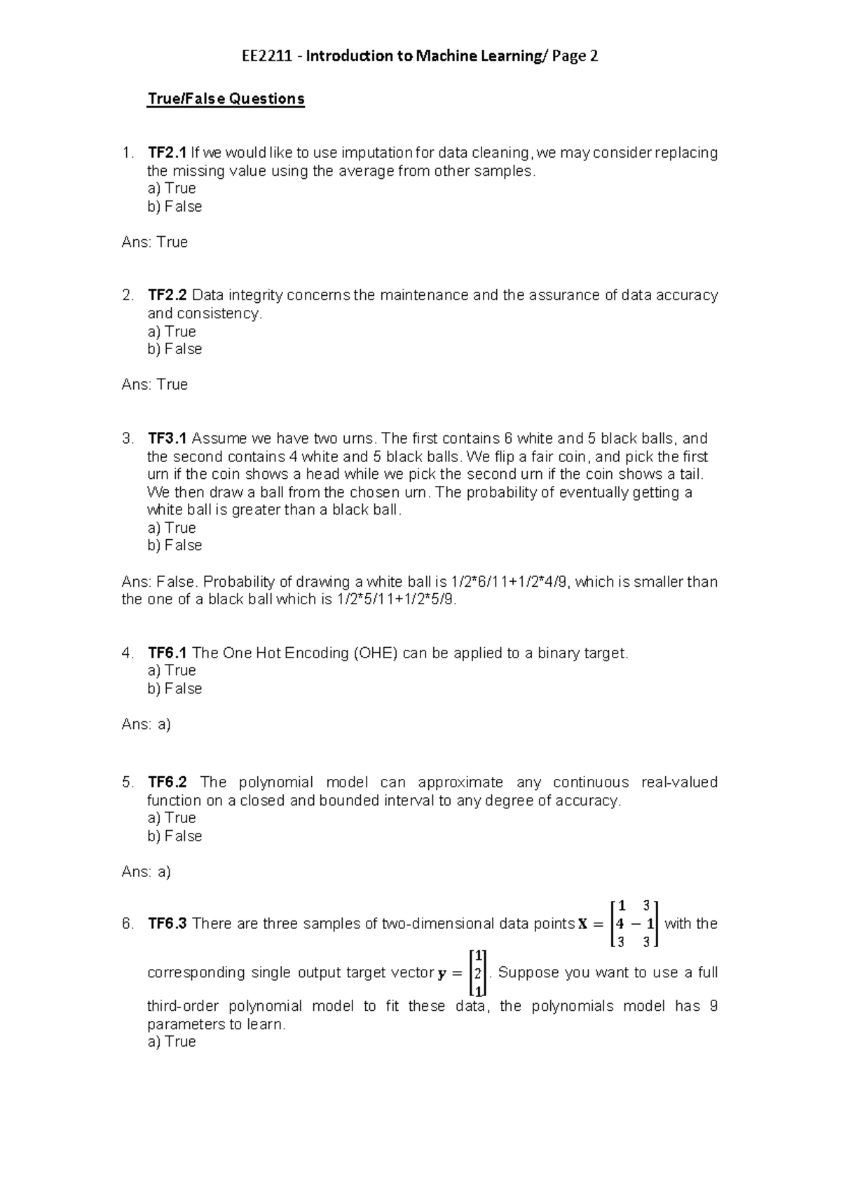 EE2211+Past Paper Ans - True/False Questions TF2 If we would like to ...