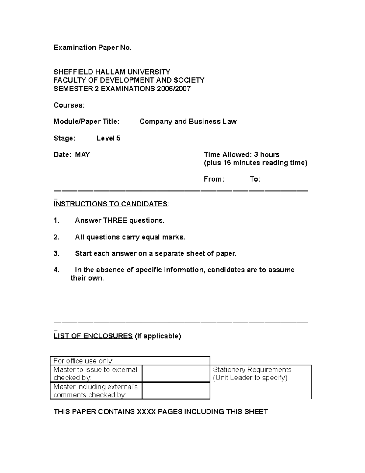 Exam 2017, questions - Examination Paper No. SHEFFIELD HALLAM ...