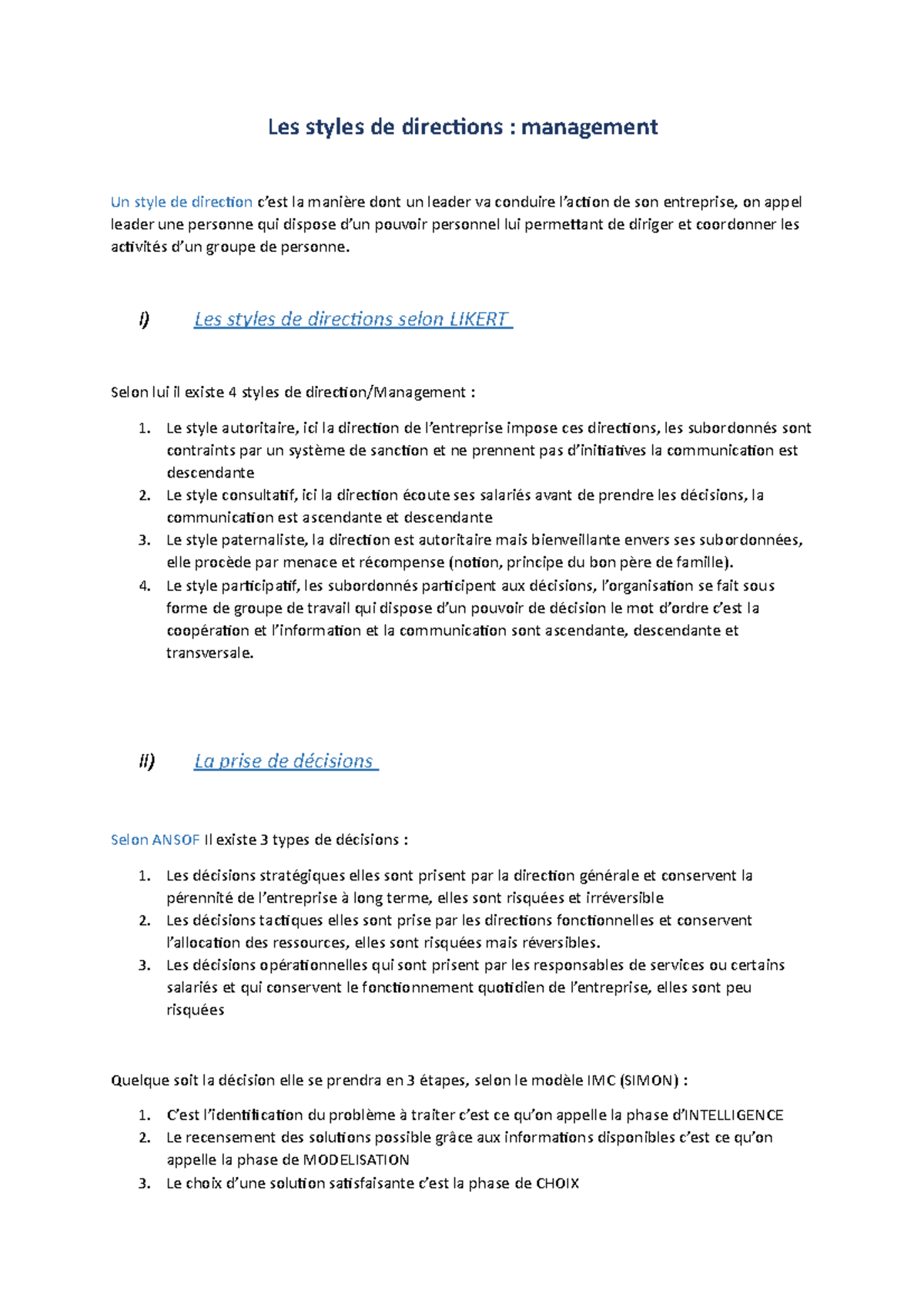 Les styles de directions : management - I) Les styles de directions ...