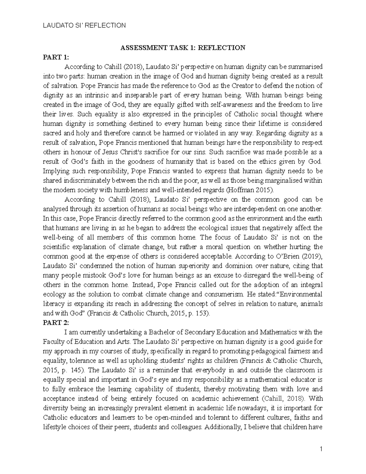 UNCC300 Assessment Task 1 - LAUDATO SI’ REFLECTION ASSESSMENT TASK 1: REFLECTION PART 1 ...