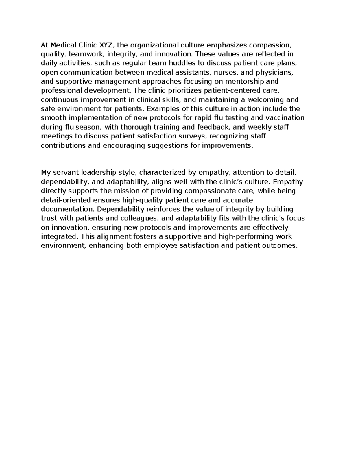 BUS 210 Module Four Journal - At Medical Clinic XYZ, the organizational ...