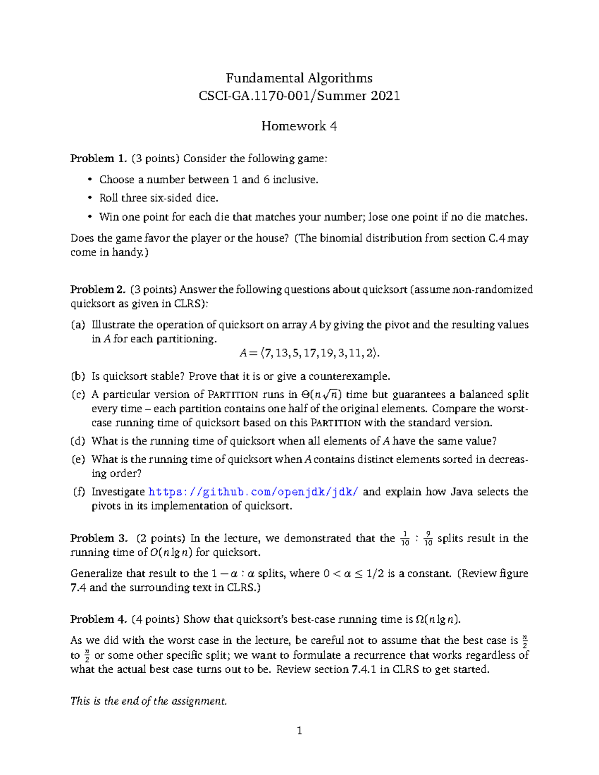 Hw04 - THi sis - Fundamental Algorithms CSCI-GA-001/Summer 2021 Homework 4 Problem 1. (3 points ...