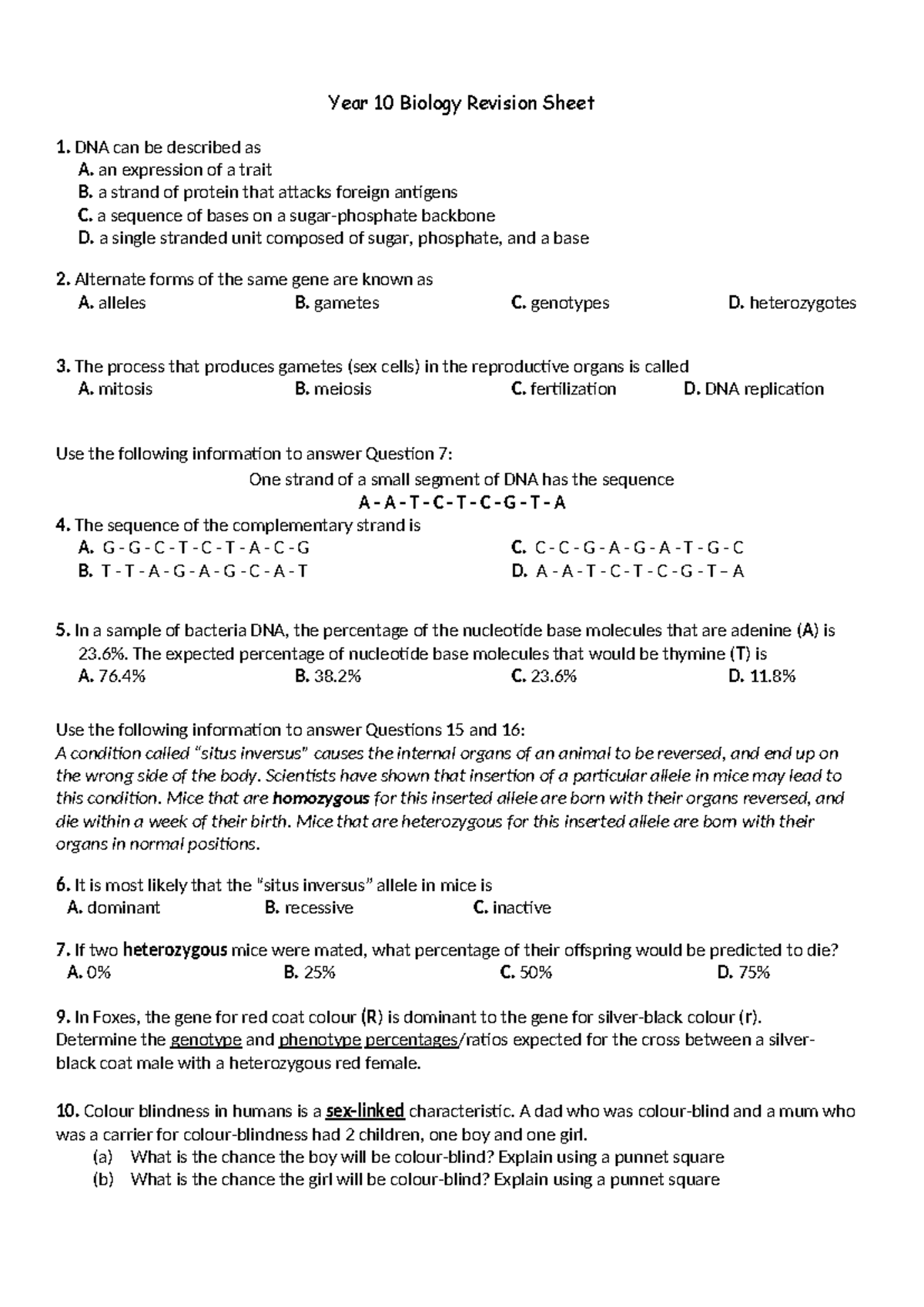 10 Science Practice Exam Questions - Biology - Year 10 Biology Revision ...