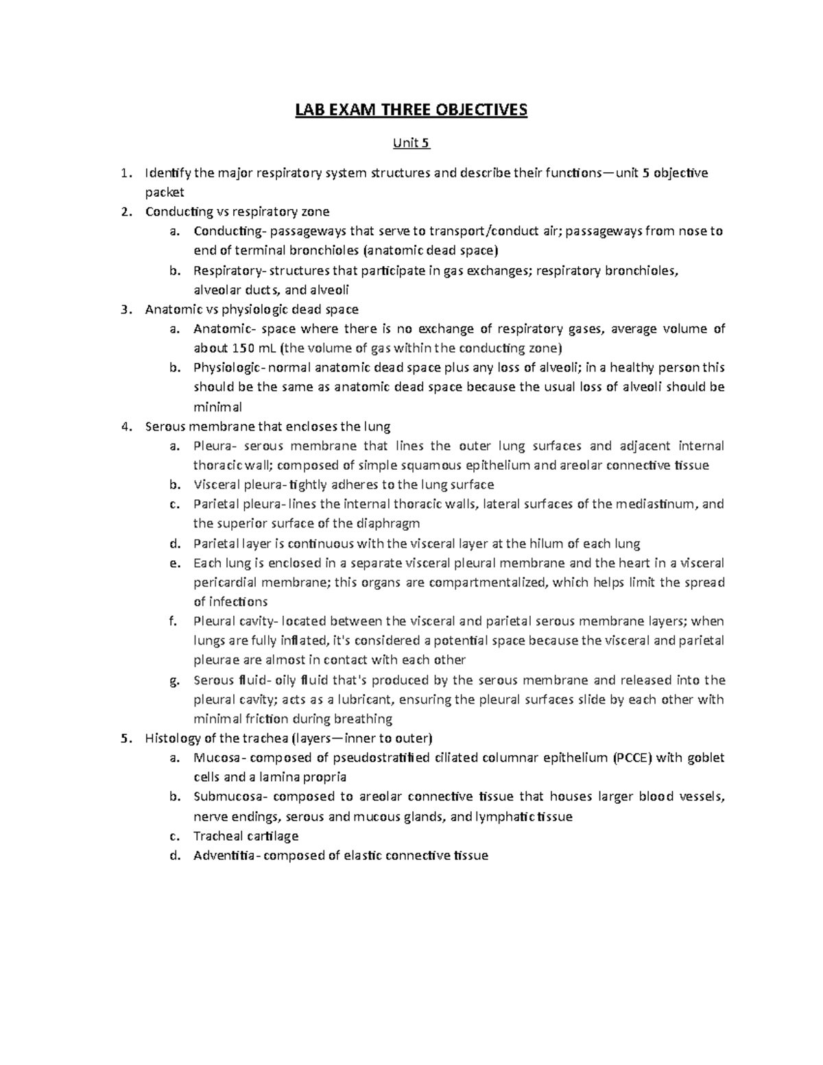 Lab exam 3 objectives - respiratory system; urinary system ...