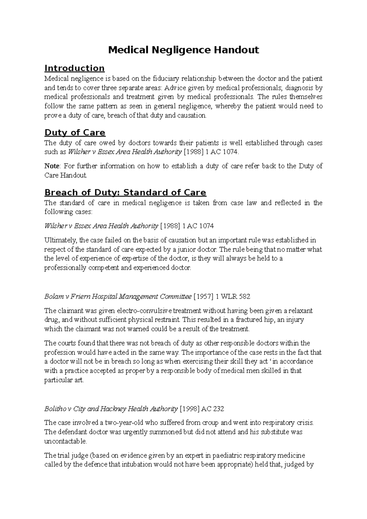Medical Negligence Handout - Medical Negligence Handout Introduction ...
