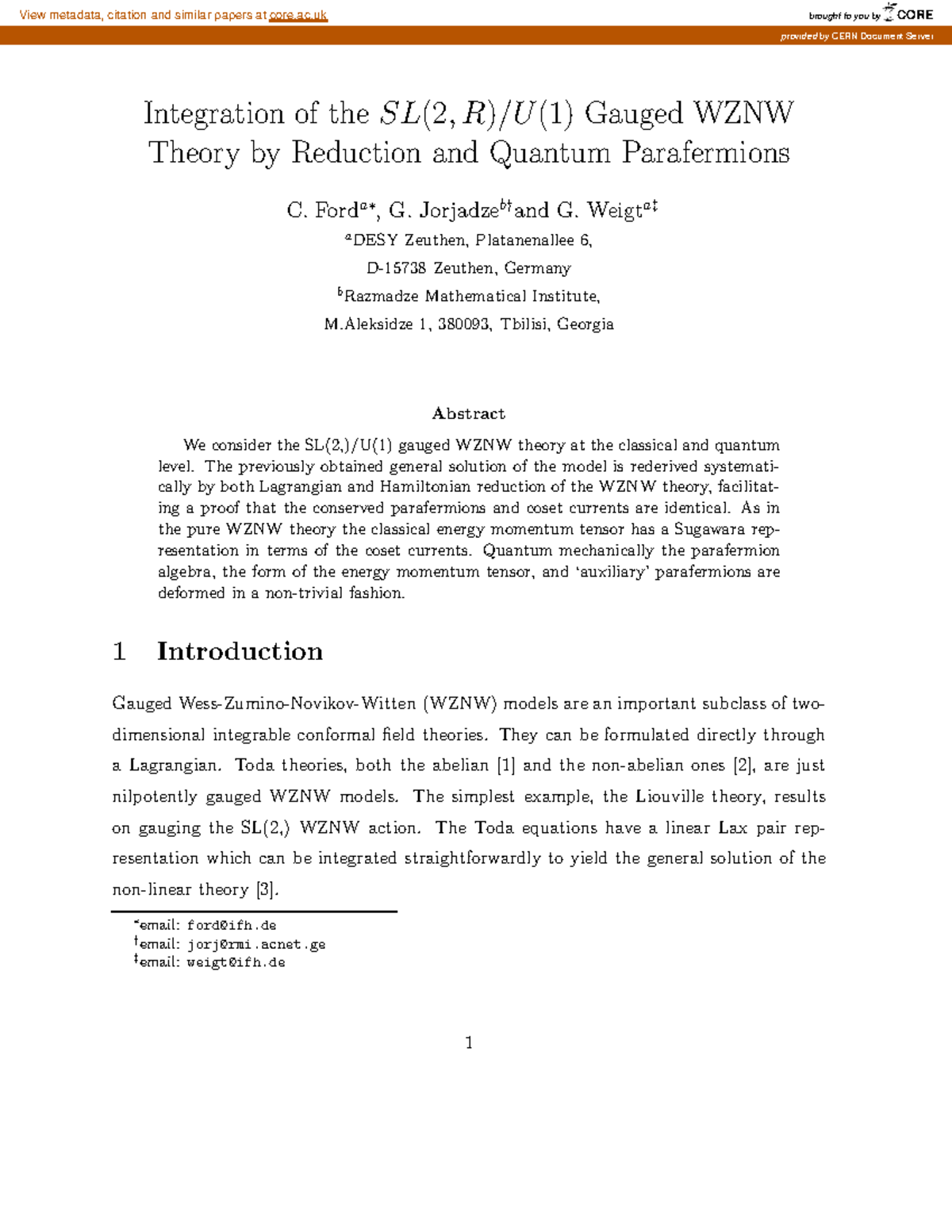 25282207 - Cours - Integration of the SL(2, R)/U (1) Gauged WZNW Theory by Reduction and Quantum ...