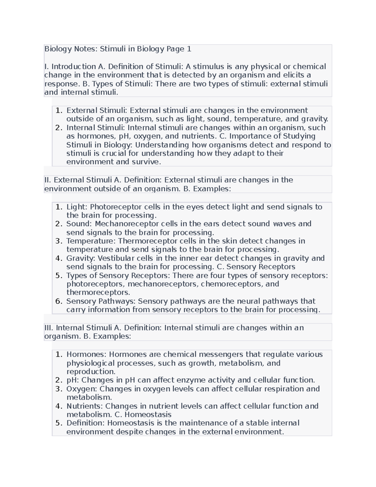 Biology Notes - Introduction A. Definition of Stimuli: A stimulus is ...