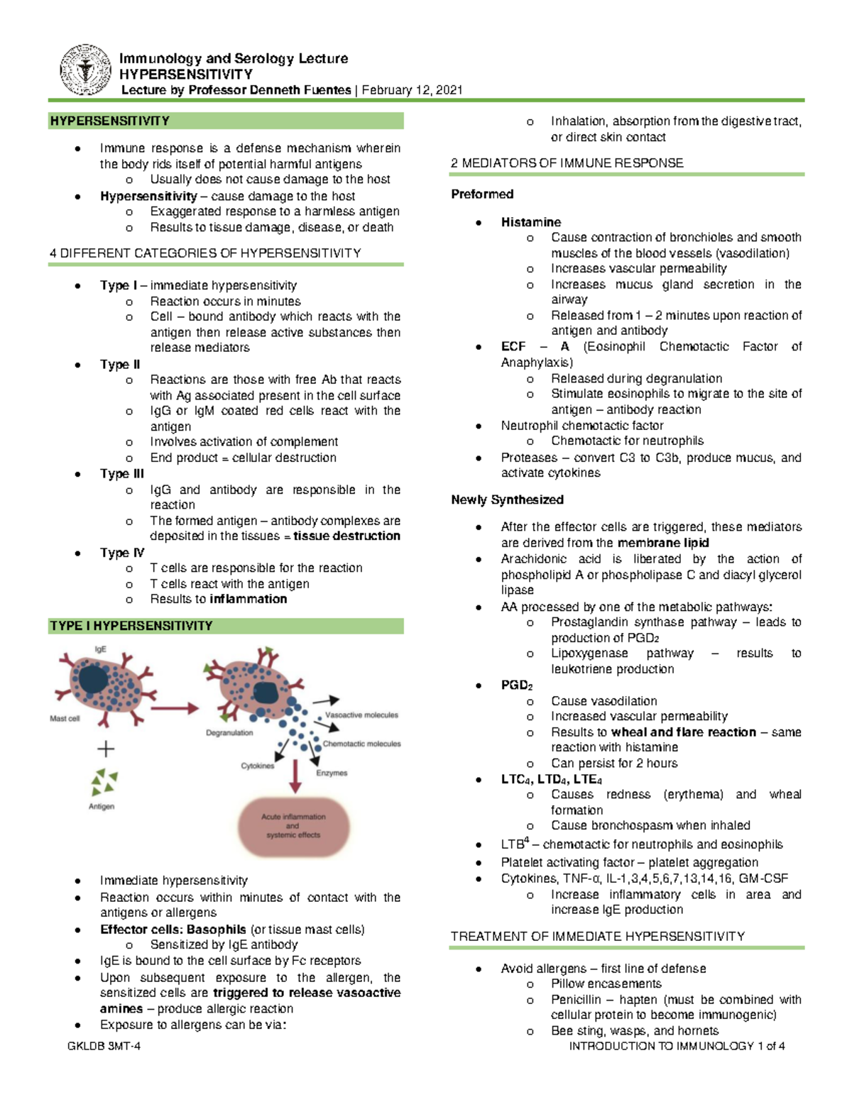 L4 Hypersensitivity - Immunology and Serology Lecture HYPERSENSITIVITY Lecture by Professor ...